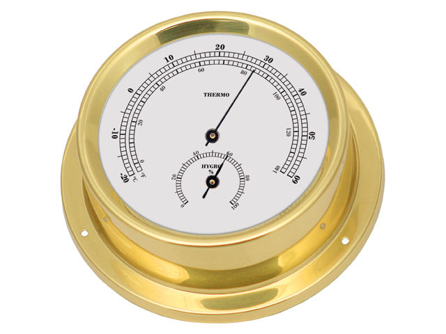Maritime Thermometer / Hygrometer Ø 125 mm i poleret messing – Marinelageret.dk
